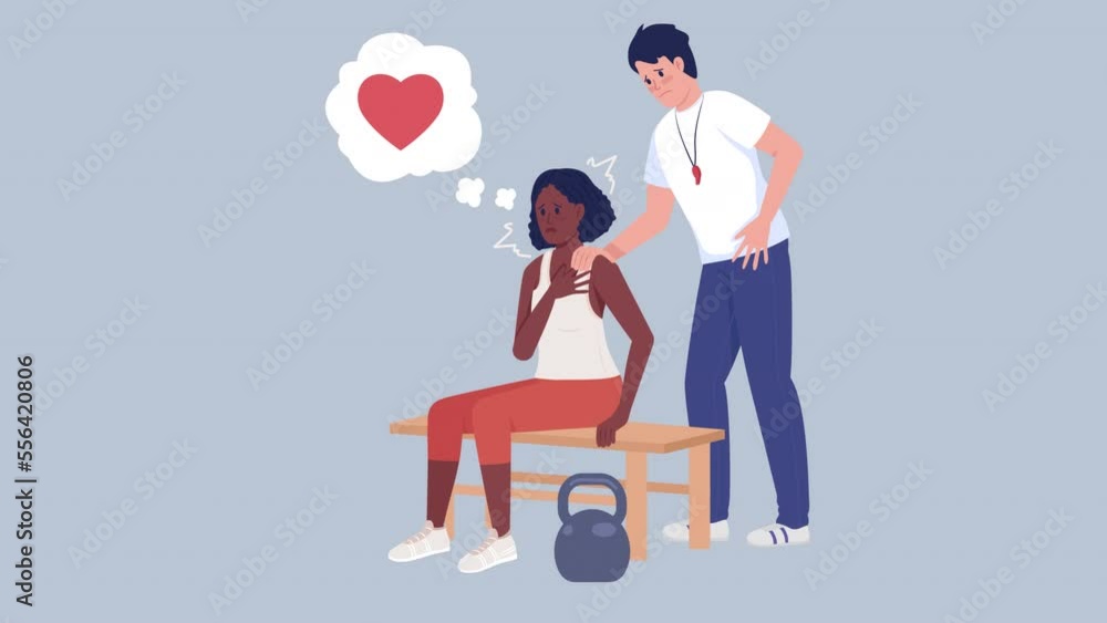 Animated panicking woman character. High heart rate. Anxiety in gym ...