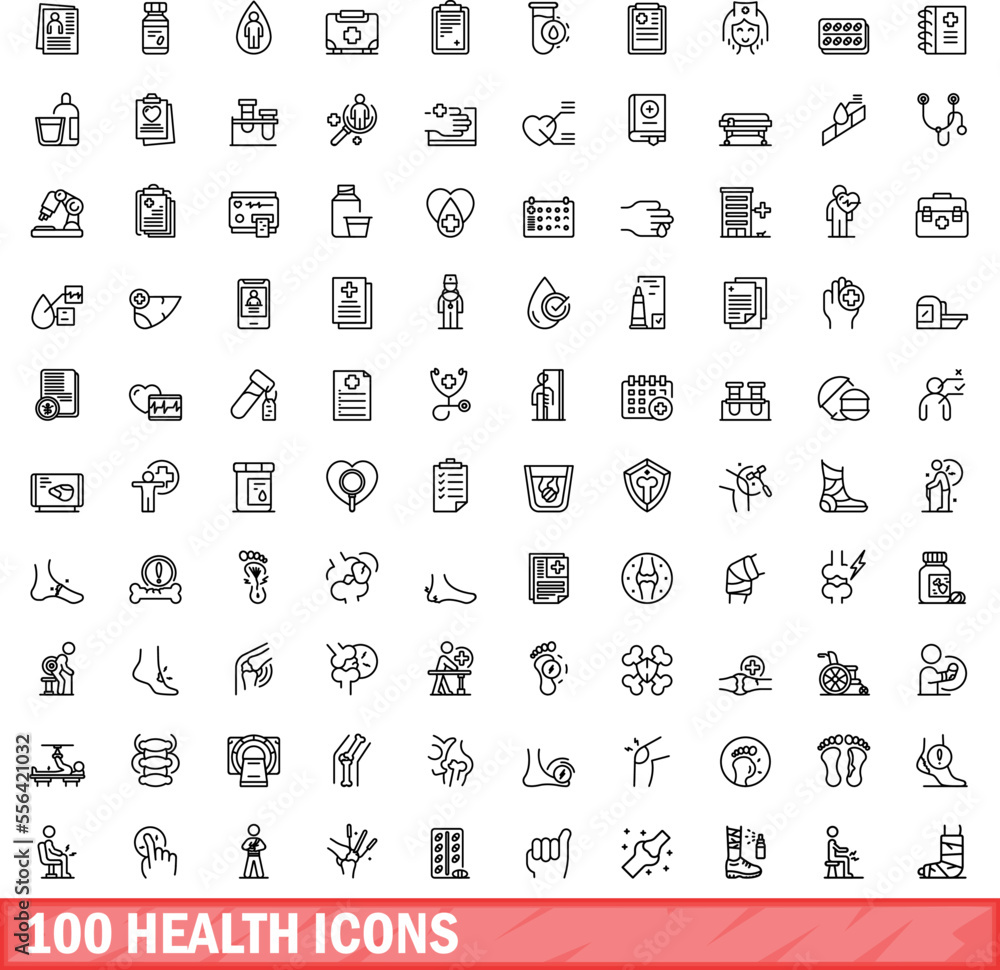 100 health icons set. Outline illustration of 100 health icons vector ...