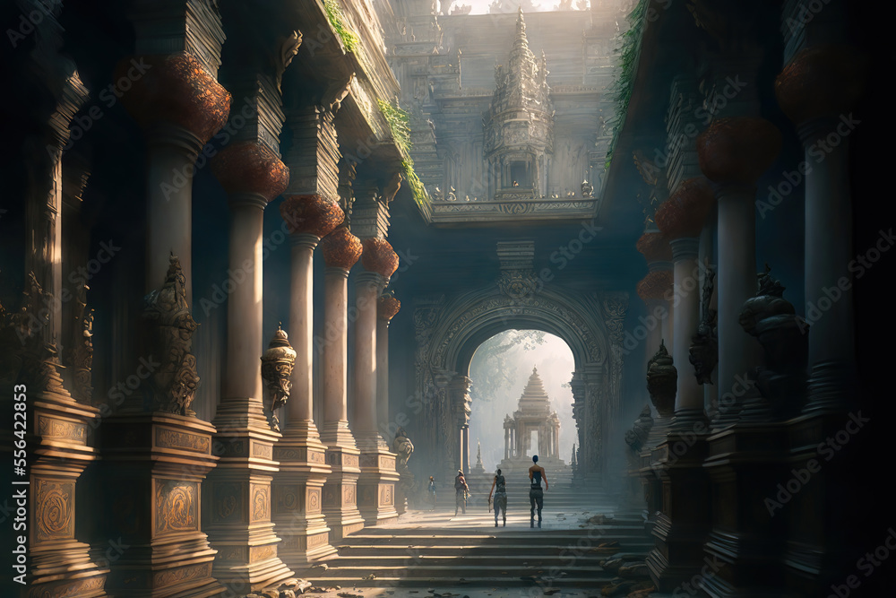 Generative AI : an ancient Indian temple complex with many small shops ...