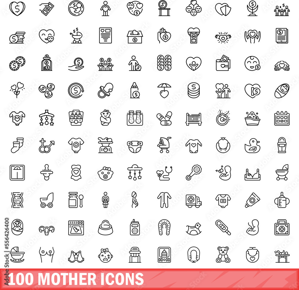 100 mother icons set. Outline illustration of 100 mother icons vector ...