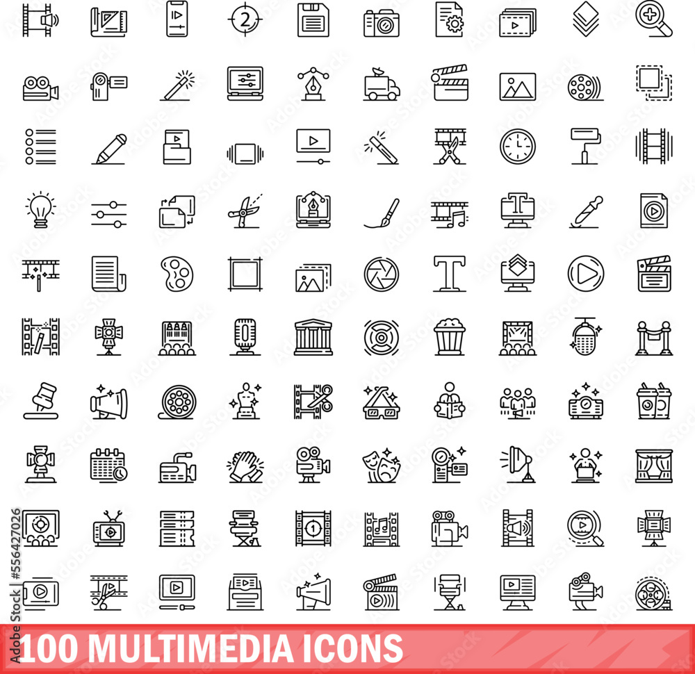 100 multimedia icons set. Outline illustration of 100 multimedia icons ...