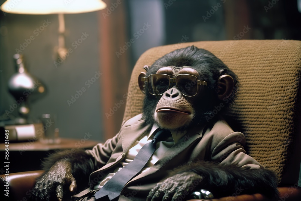 chimpanzee apes wearing sunglasses. Mafia boss. Generative AI Stock ...