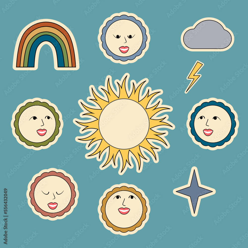 Sun and comic faces with various emotions. Sun, rainbow, cloud, star ...