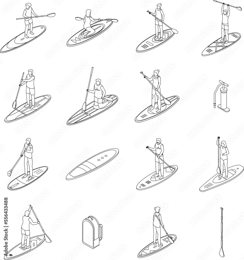 Sup surfing icons set. Isometric set of sup surfing vector icons for web design isolated on ...
