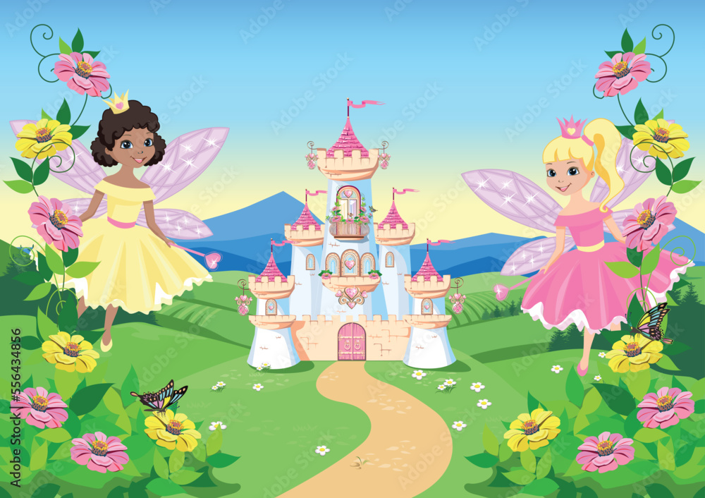 Two cute little fairy on a fairy tale background with a pink castle, a ...