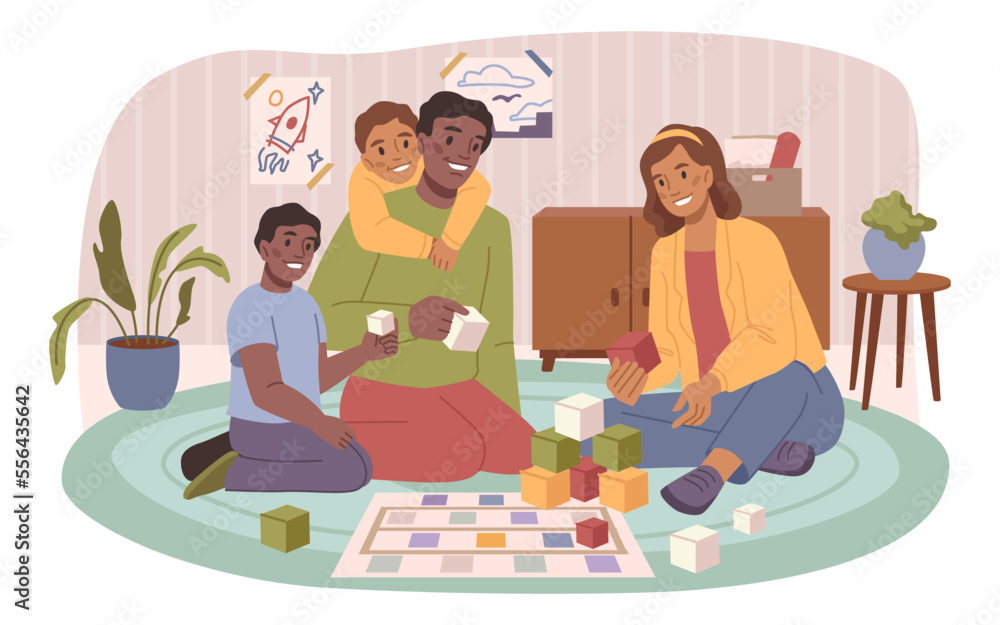 Board games family activity at home. Vector illustration of parents ...