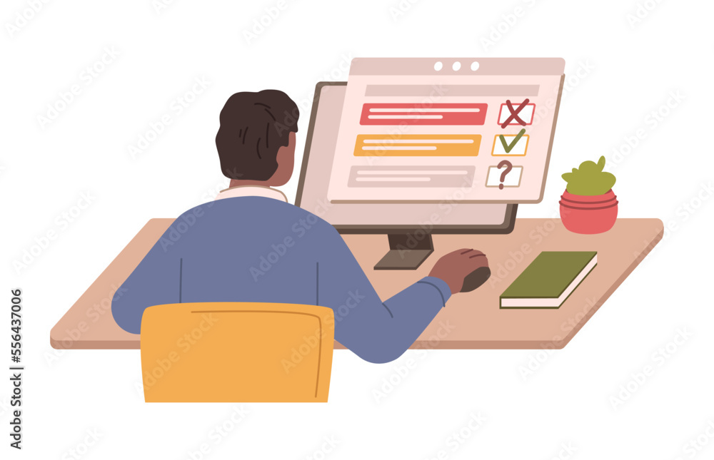 Personage taking online test on computer answering questions and ...