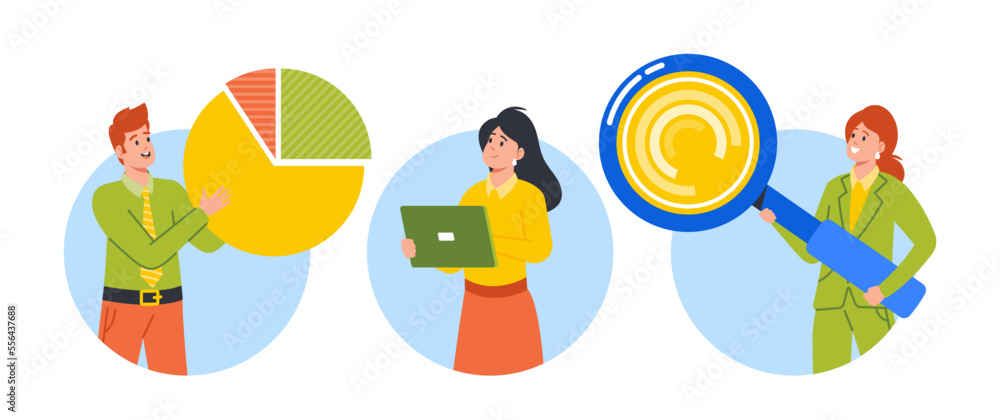 Business Characters With Magnifier, Tablet Pc And Circular Diagram ...