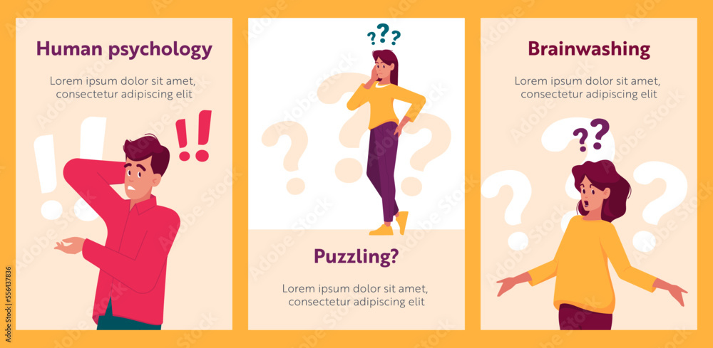 Puzzled People Cartoon Banners, Doubtful Male and Female Characters ...