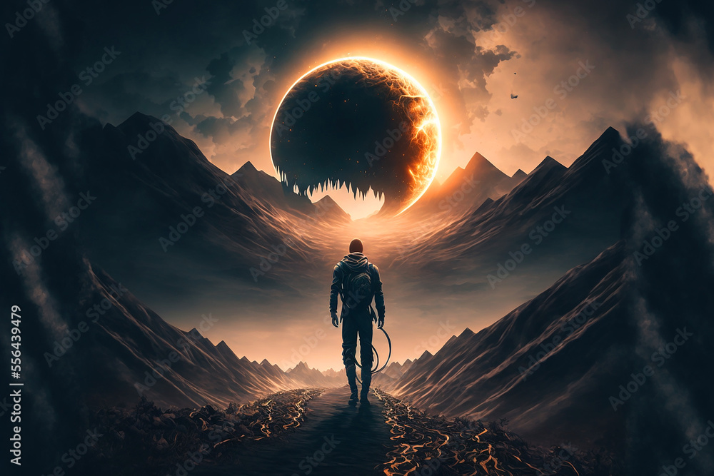 Ilustrace „epic dark fantasy setting,man walking on trails of bodies ...