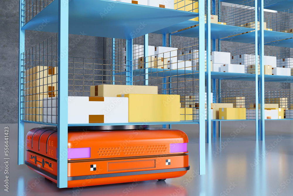 Warehouse robot close-up. Robotic warehouse processes. Robotic cart lifts shelves with boxes ...