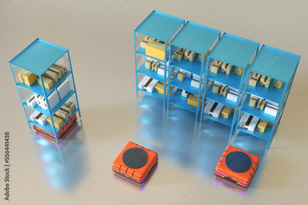 AGV robots with magnetic disk. Automated warehouse top view. Lifting warehouse robots on grey ...