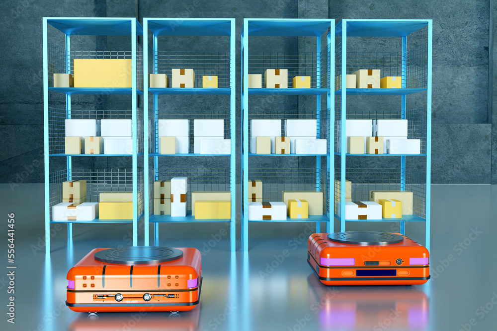 Factory warehouse robots. Autonomous trolleys for moving shelves. Smart warehouse. Automated ...