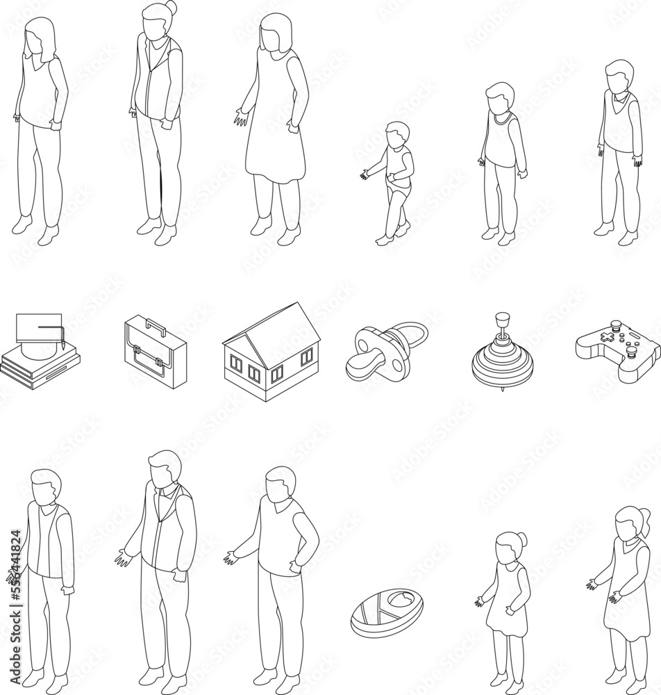 Generation icons set. Isometric set of generation vector icons for web ...