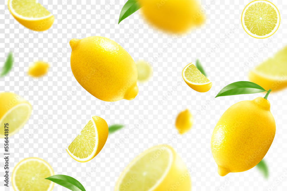 Vektorová grafika „Lemon citrus background. Flying Lemon with green ...