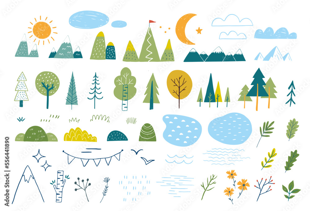 vector set of elements for maps and hiking: trees mountains lakes ...