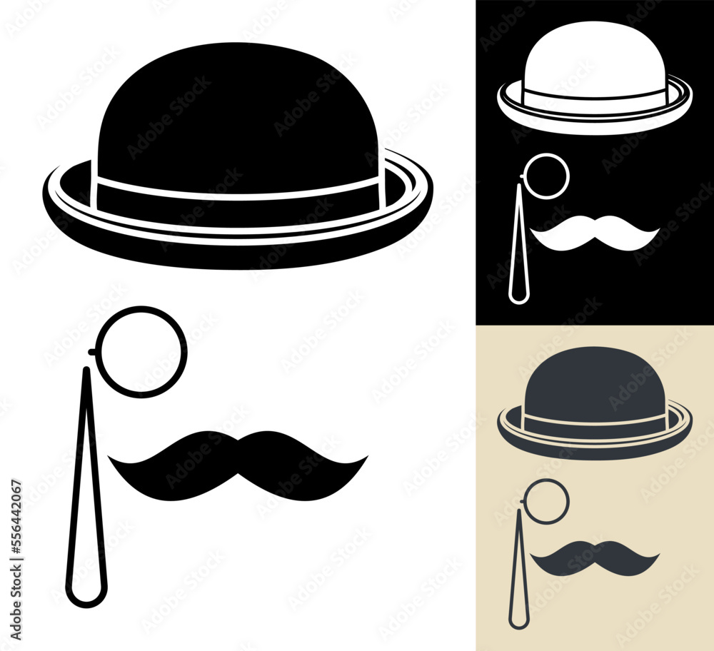 European man icon with mustache in bowler hat and pince nez. Detective ...