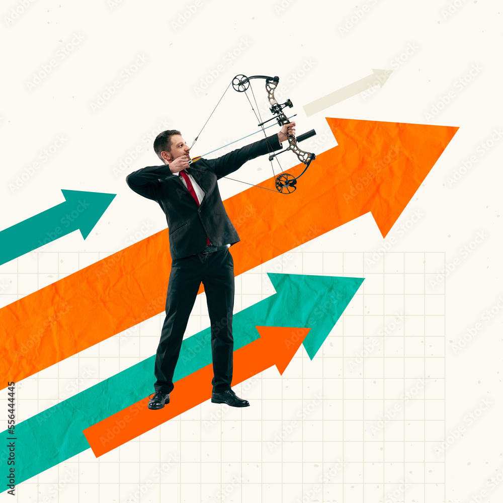 Contemporary art collage. Creative design. Businessman aiming arrow on ...