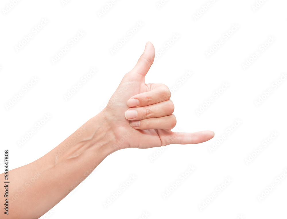Woman palm hand, fingers bent, extended thumb and little finger, sign ...