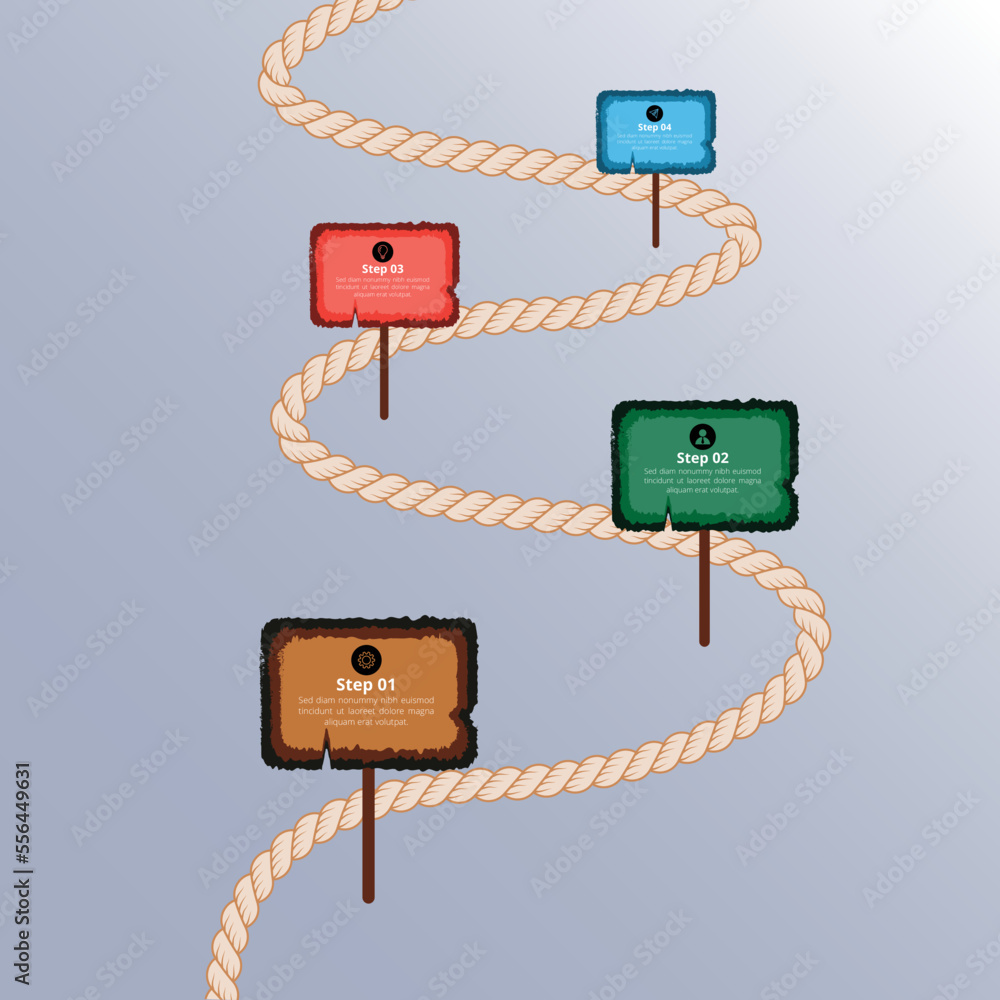 Rope map with wood infographic elements with. flowchart steps label ...