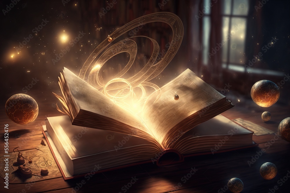 Obraz Open book revealing the solar system. Generative AI na wymiar