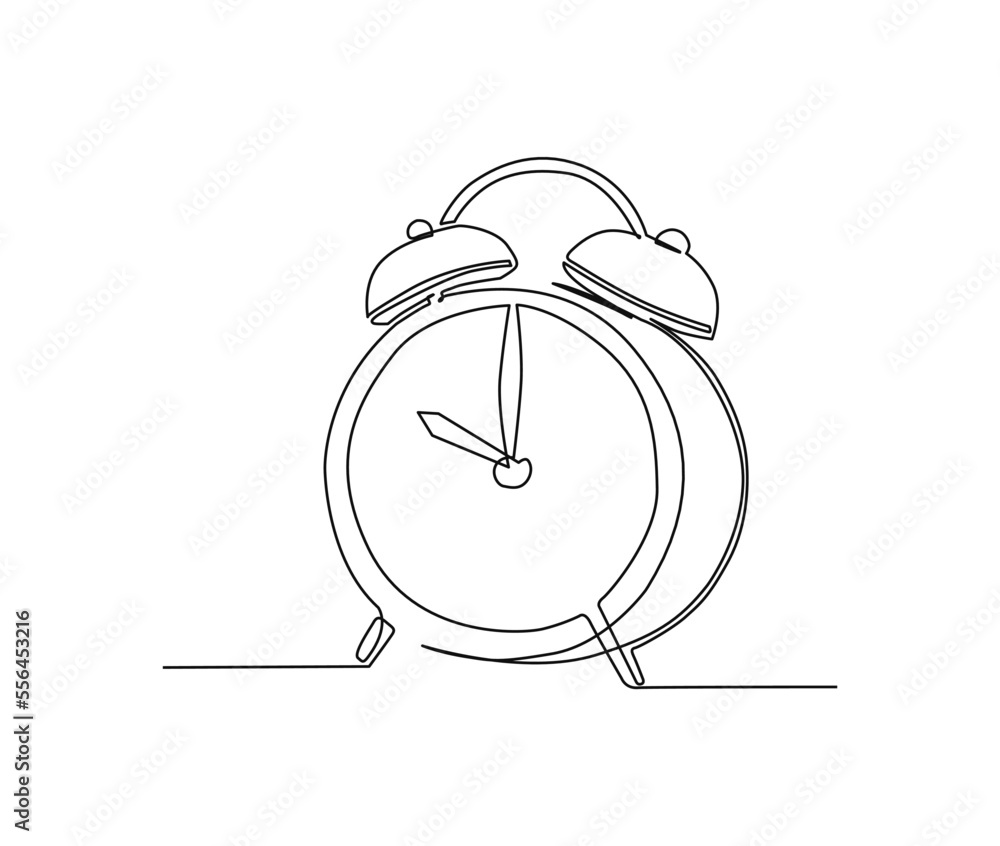 Continuous one line drawing of vintage alarm clock. 10 o'clock on ...