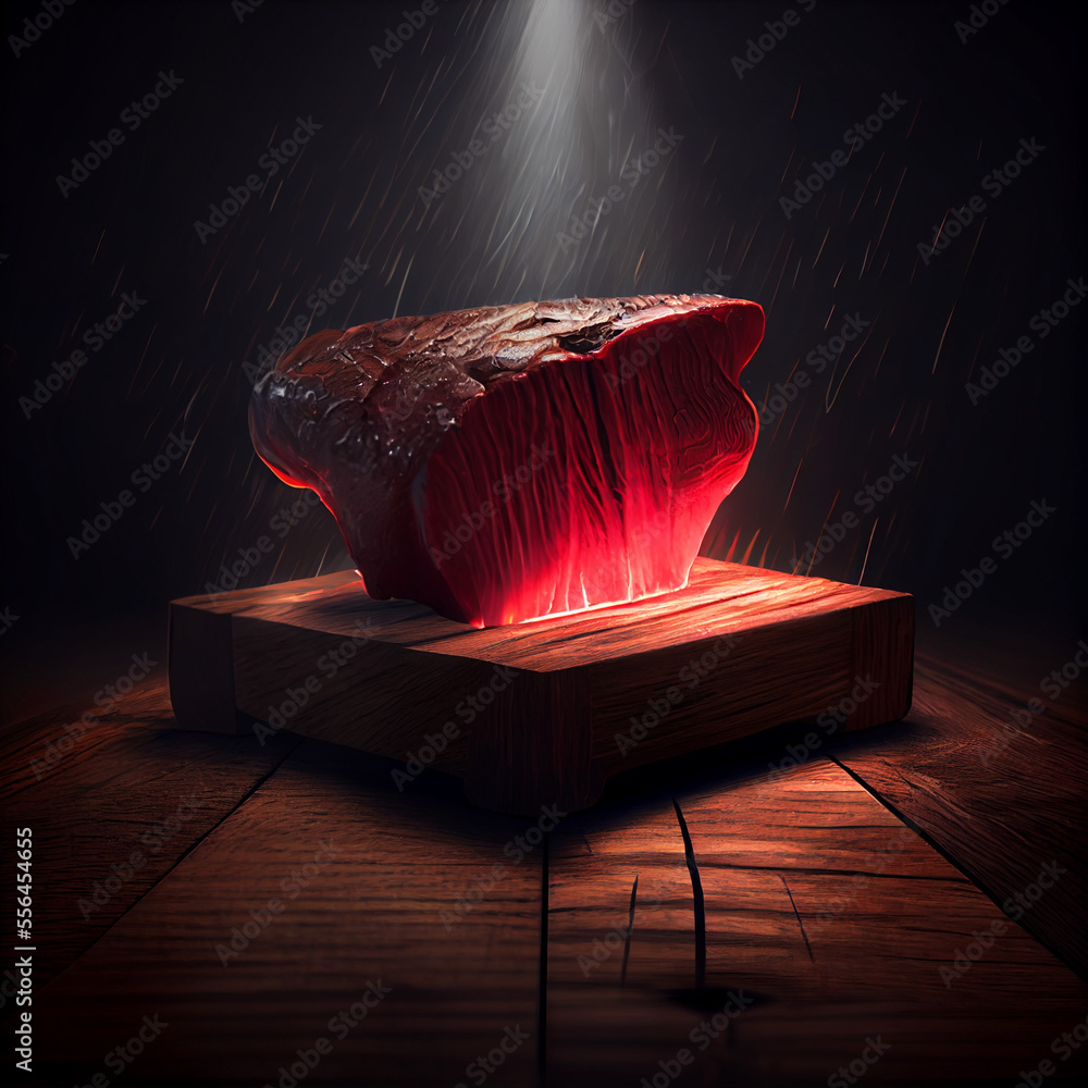 Red meat on plate in mood colors in dark background, generative ai ...