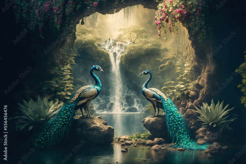 Generative AI : beautiful cascading waterfalls in the forest, with ...