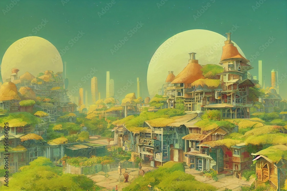 solarpunk cottage houses, village landscape at daytime Stock ...