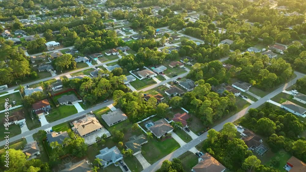 Aerial view of suburban landscape with private homes between green palm ...