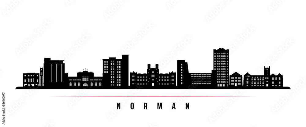 Norman skyline horizontal banner. Black and white silhouette of Norman ...