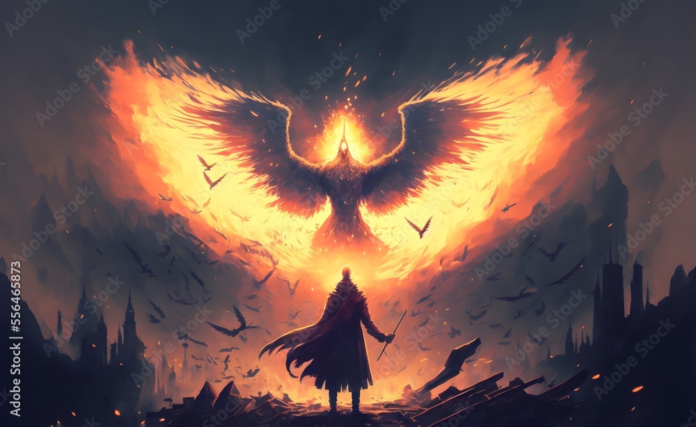 wizard summoning the phoenix from hell, digital art style, illustration ...