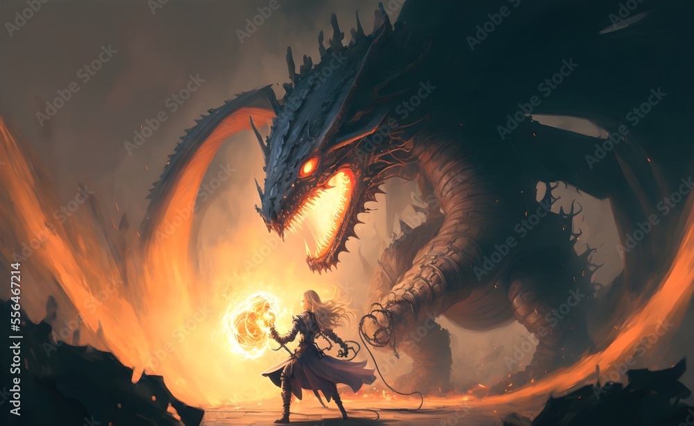 fantasy scene showing the girl fighting the fire dragon, digital art ...
