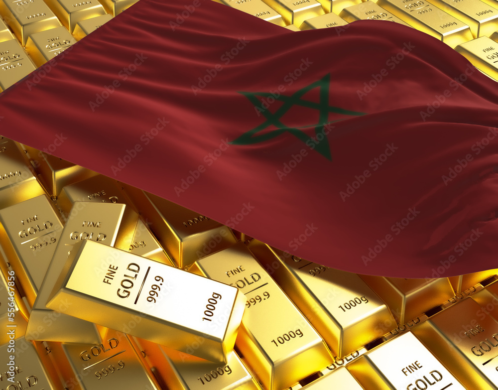 Morocco national country flag on Golden ingots bars pyramid plate ...