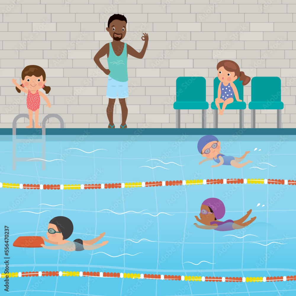 Coach man teaching children, swimming class. Multiethnic school kids ...