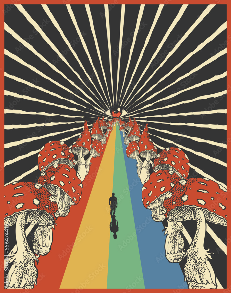 psychedelic poster with mushrooms and eye, psychedelic journey Stock ...