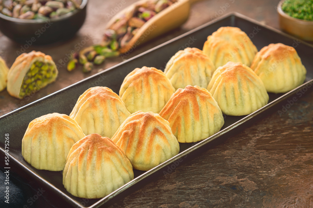 Arabic Cuisine; Middle Eastern traditional "Maamoul or Mamool Pistachio ...