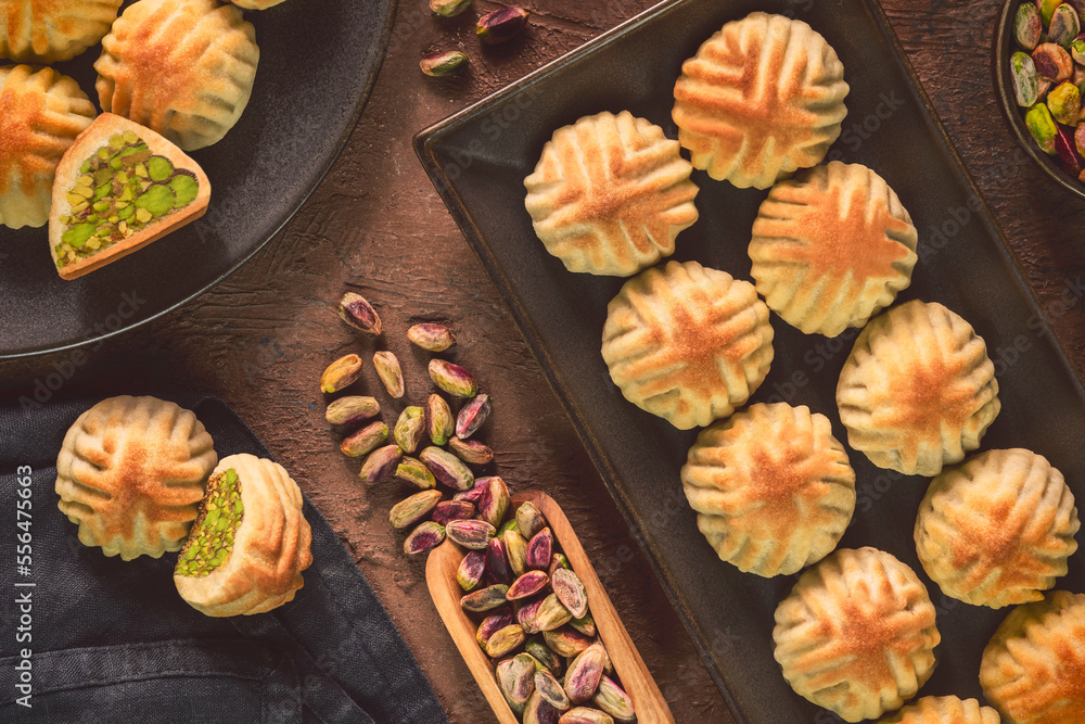 Arabic Cuisine; Middle Eastern traditional "Maamoul or Mamool Pistachio ...