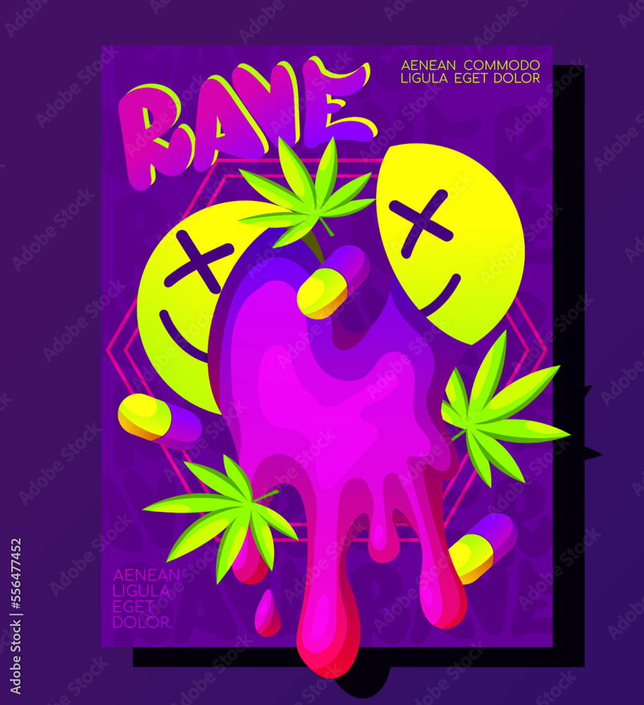 Psychedelic rave trip party banner template. Good design for textile t ...