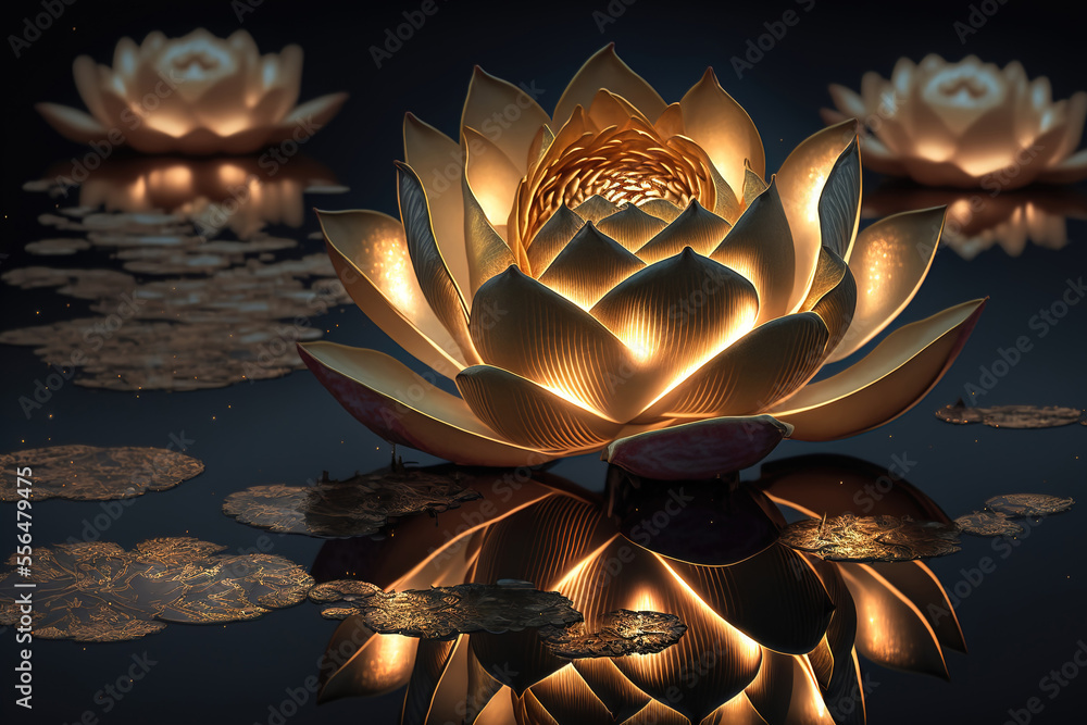 Golden lotus rose blooms at night in the water in the swamp. Fantasy ...