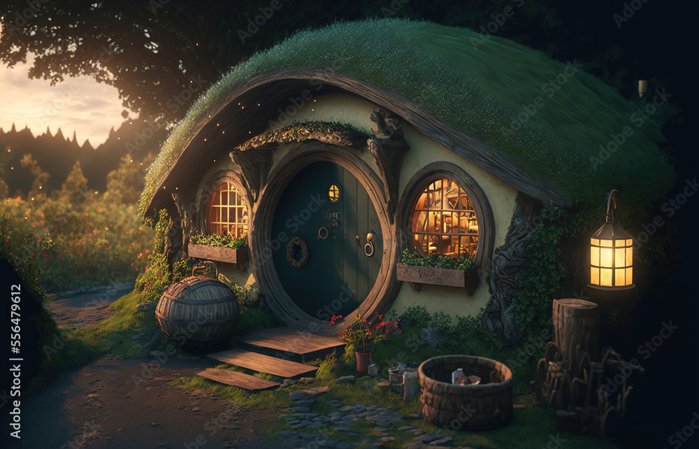 House of the hobbit hole. Fantasy Village Shire, houses with round ...