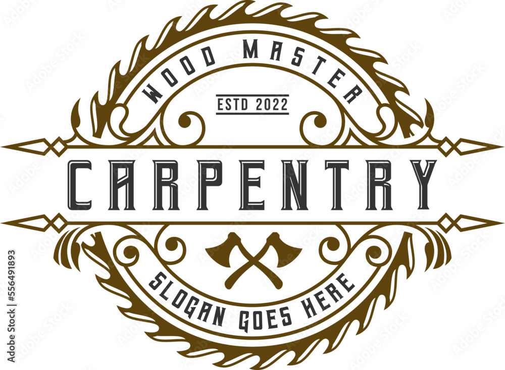 Carpentry Logo Design Label Vintage Badge Wood Work Illustration Vector ...