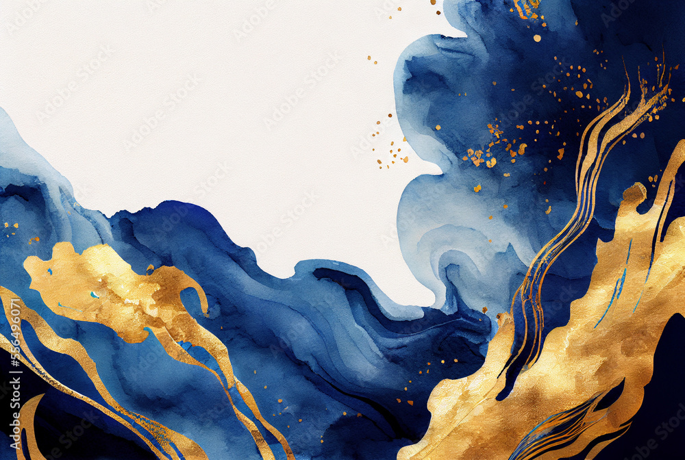 Abstract blue and metallic gold marble watercolor background, paint ...