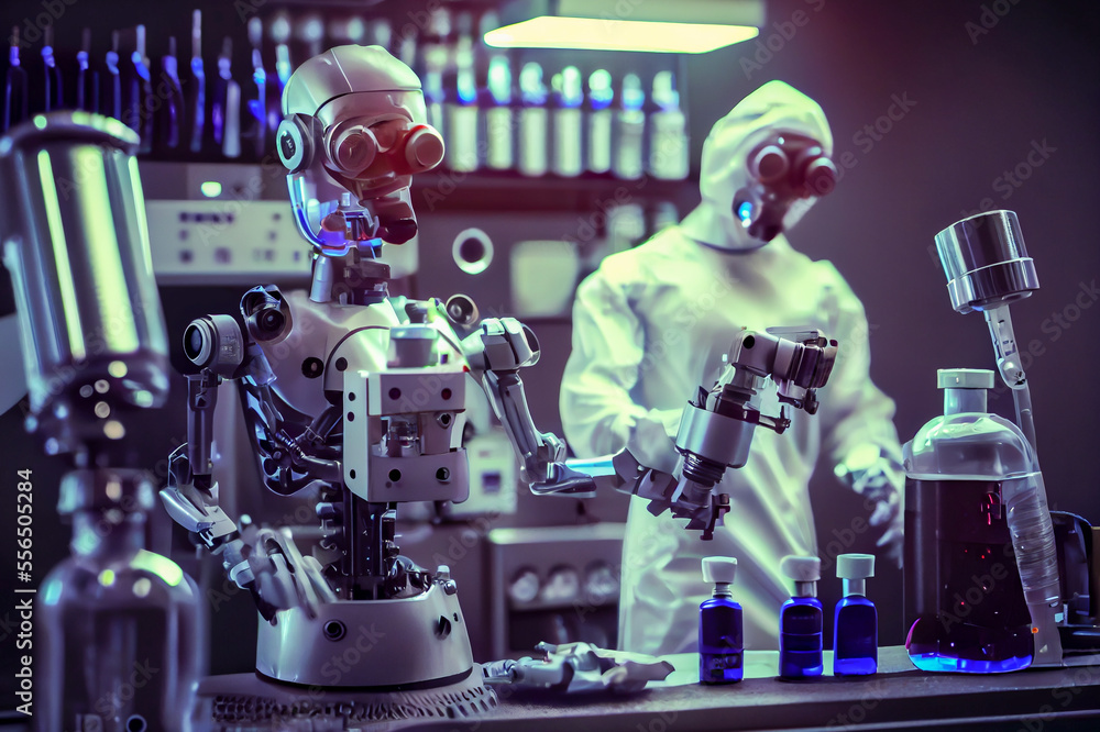 Humanoid robot working in research laboratory, conceptual ai ...