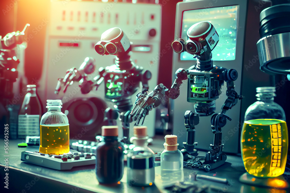 Humanoid robot working in research laboratory, conceptual ai ...