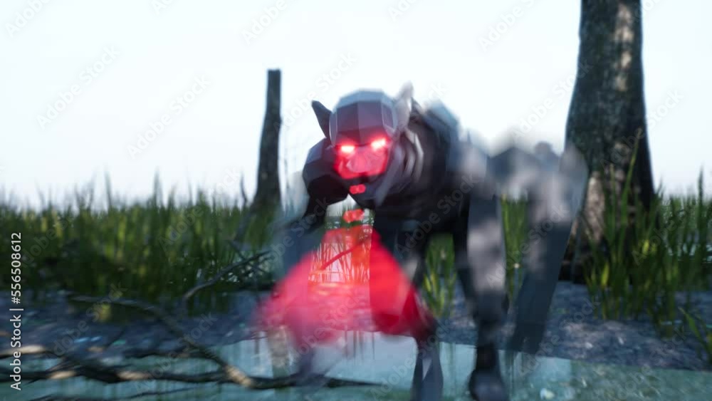 Vidéo Stock Robot Werewolf Runs Front in a Misty Forest Tree 3D ...