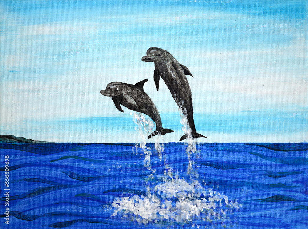 Artistic painting two dolphins jumping over the sea, show ocean ...