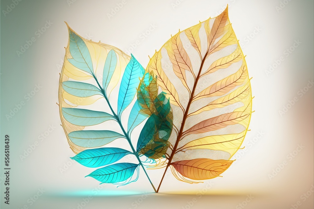 two leaves with different colors on a white background with a light ...