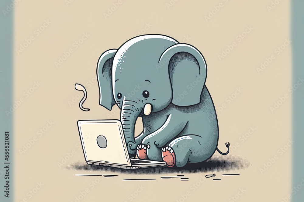Cartoon symbol of a cute elephant working on a laptop. technology ...
