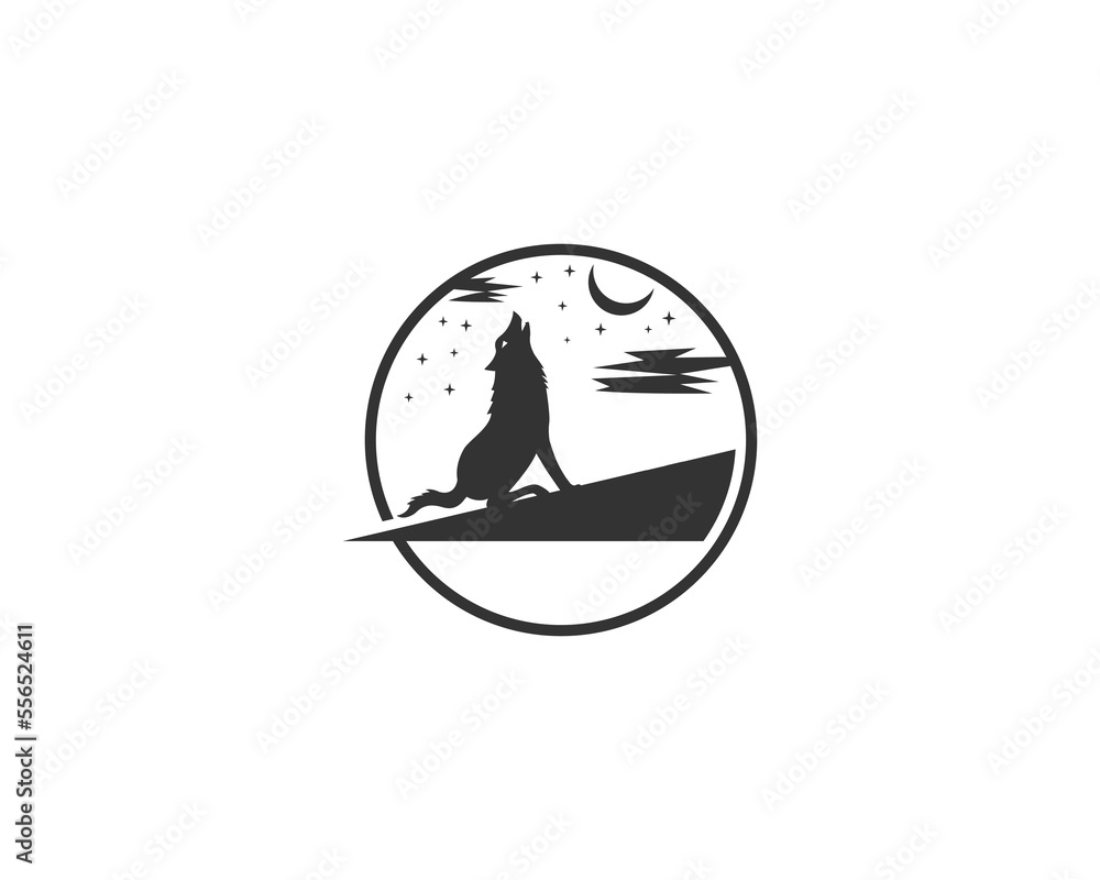 Silhouette of Night Wolf Howling Logo Design With Night Moon Symbol ...